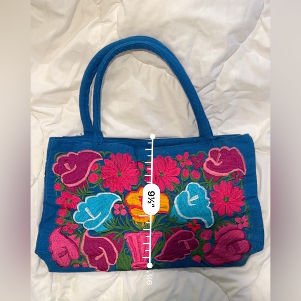 Mexican Traditional Blue Embriodered Purse Medium Size - Gem